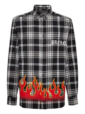 Philipp Plein Flame-print Plaid Cotton Shirt - Black