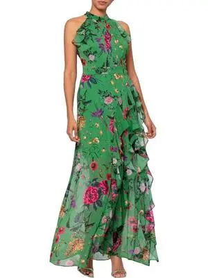 Betsy & Adam Floral Print Metallic Ruffle Gown - Green/multi
