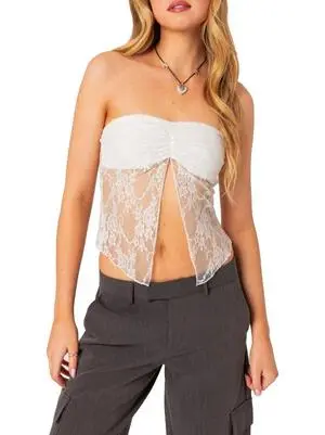 EDIKTED Twilight Split Front Lace Strapless Top - White