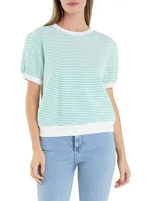 English Factory Stripe Puff Sleeve French Terry Top - White/green