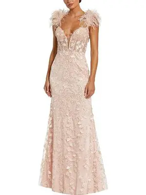 Mac Duggal Feather Straps Gown - Peach