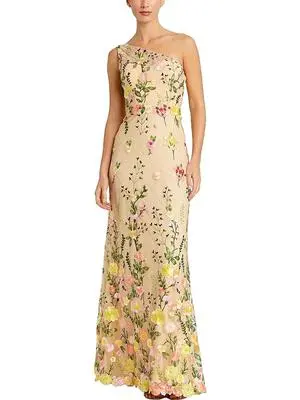 Mac Duggal One-shoulder Embroidered Lace Gown - Yellow Multi