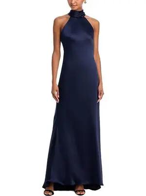 Aqua Sleeveless Satin Gown - Navy