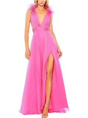 Mac Duggal A-line Gown With Feathered Collar - Hot Pink