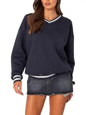 EDIKTED Caryn Oversized V-neck Sweatshirt - Navy