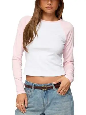 EDIKTED Raya Long Sleeve T-shirt - Pink-and-white