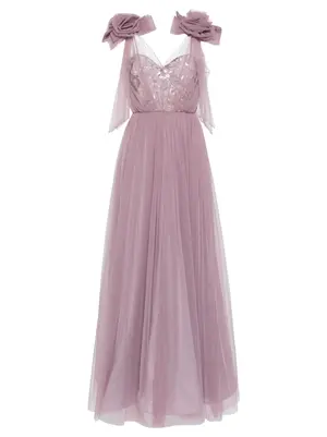 Badgley Mischka Floral-appliqué Tulle Gown - Purple