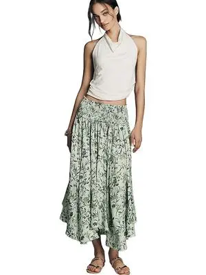 Anthropologie Smocked-waist Asymmetric Skirt - Green Pattern