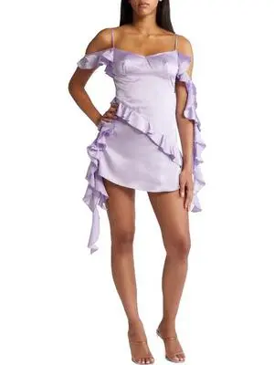 MISTRESS ROCKS Asymmetric Ruffle Satin Minidress - Lavender Field