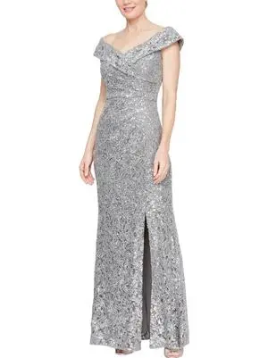 Alex Evenings Floral Embroidered Sequin Off The Shoulder Gown - Pewter