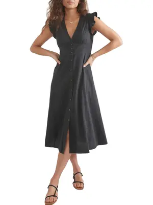 Marine Layer Camila Button Front Midi Dress - Black