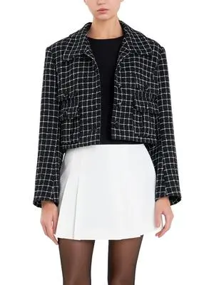 English Factory Windowpane Check Tweed Crop Blazer - Black