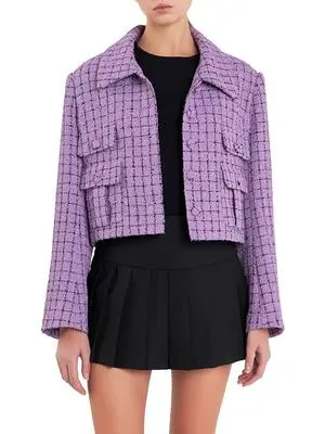 English Factory Windowpane Check Tweed Crop Blazer - Purple