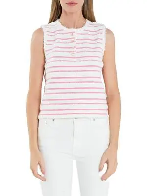English Factory Stripe Fringe Tank Top - White/pink
