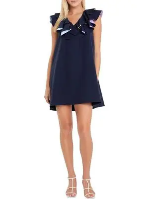 English Factory Lined Ruffle Shift Dress - Navy Multi