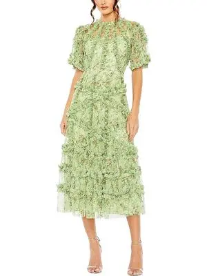 Mac Duggal Floral Flutter Sleeve Mesh Print Midi Dress - Sage Multi