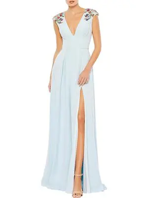 Mac Duggal Beaded Cap Sleeve V-Neck A-Line Gown French Blue