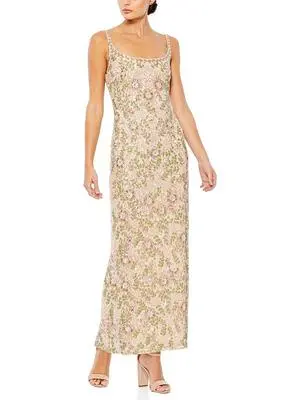 Mac Duggal Hand Beaded Floral Midi Dress - Nude Multi