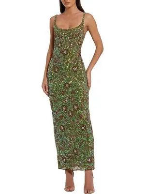 Mac Duggal Hand Beaded Floral Midi Dress - Olive