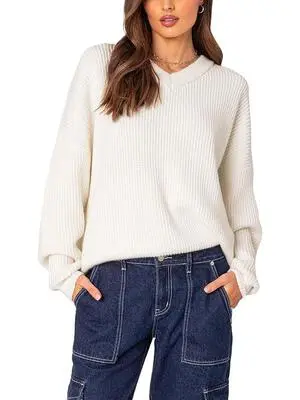 EDIKTED Denny Oversized V-neck Sweater - White