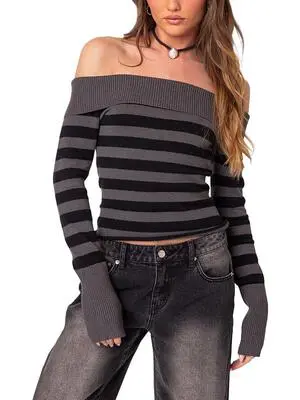 EDIKTED Melody Fold Over Striped Sweater - Black And Gray