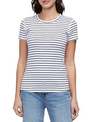 Three Dots Cotton Short Sleeve Crewneck Tee Bright White Stripe