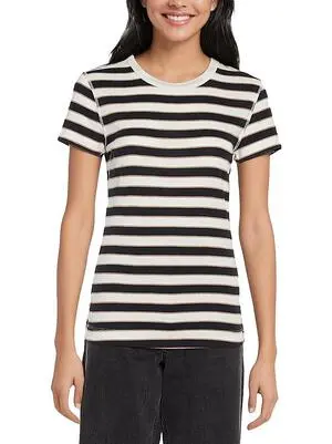 Three Dots Cotton Short Sleeve Crewneck Tee Egret/ Black Beauty Stripe