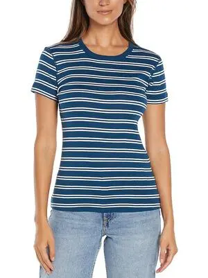 Three Dots Cotton Short Sleeve Crewneck Tee Gibraltar Sea/ Egret Stripe