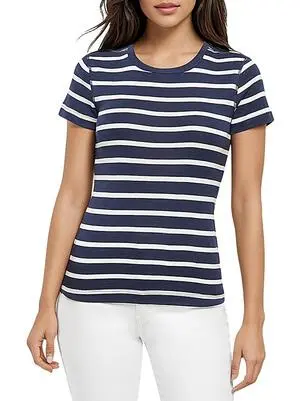 Three Dots Cotton Short Sleeve Crewneck Tee Navy Blazer Stripe