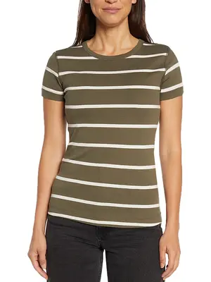 Three Dots Cotton Short Sleeve Crewneck Tee Olive Stripe