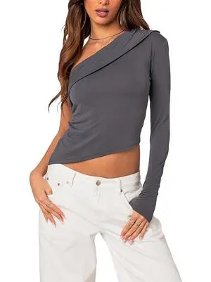 EDIKTED Fold Over One-shoulder Top - Dark Gray