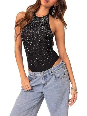 EDIKTED Open Back Mesh Rhinestone Bodysuit - Black