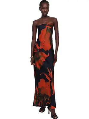 Anthropologie Strapless Satin Maxi Slip Dress Red Pattern