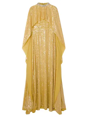 Erdem Cape-effect Crystal-embellished Sequined Gown - Gold