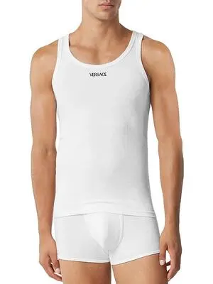 Versace Cotton Blend Ribbed Logo Embroidered Tank - Optical White