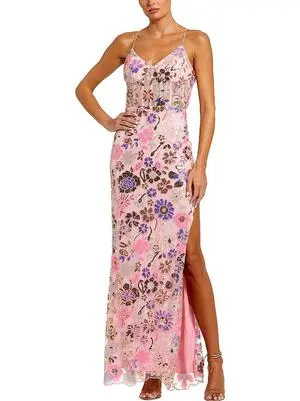 Mac Duggal Slit Detail Applique Gown - Pink Multi