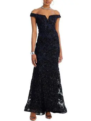 Aqua Off-the-shoulder Embellished Lace Gown - Black/navy