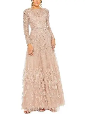 Mac Duggal Feather Detail Embellished Sequin Gown - Dusty Rose