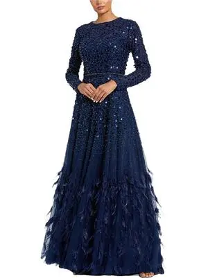 Mac Duggal Feather Detail Embellished Sequin Gown - Midnight