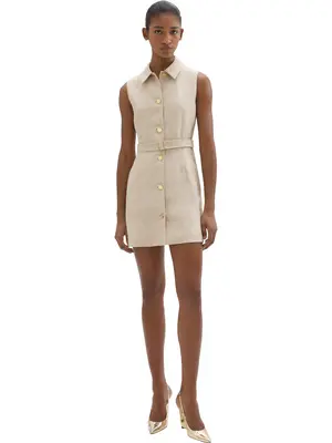 Theory Belted Basket Weave Linen Mini Dress - Straw