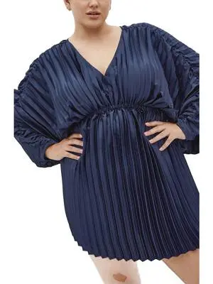 City Chic Chloe Pleated Long Sleeve Satin Mini Dress - Navy