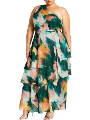 City Chic One-shoulder Tiered Maxi Dress - Rendezvous