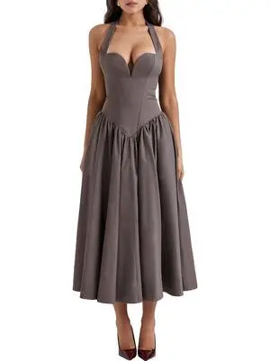 House Of Cb Halterneck A-line Midi Dress - Pebble Grey