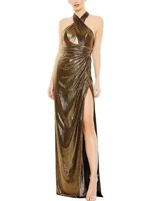 Mac Duggal Metallic Criss Cross Halter Neck Gown - Antique Gold