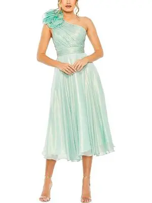 Mac Duggal Rosette One-shoulder Tea-length Dress - Sage