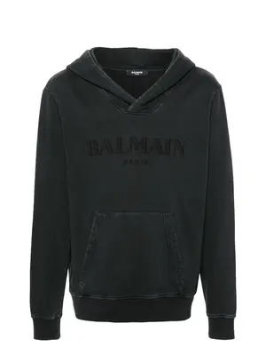 Balmain Logo-embroidered Cotton Hoodie - Grey