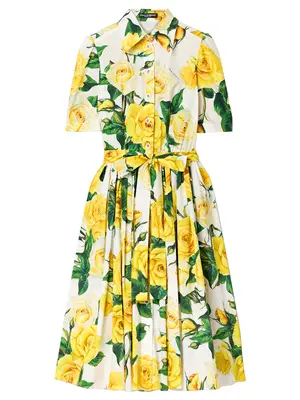 Dolce & Gabbana Belted Pleated Floral-print Midi Dress - Yellow