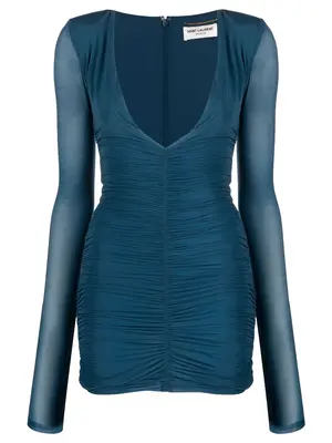 Saint Laurent Ruched V-neck Minidress - Blue