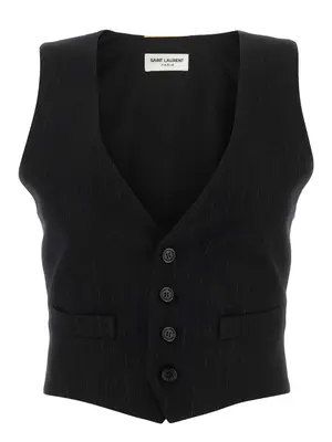 Saint Laurent Pinstripe Patterned Wool Waistcoat - Black
