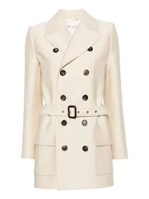 Saint Laurent Belted Double-breasted Coat - Neutrals